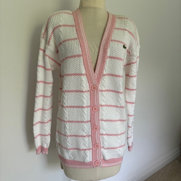 Lacoste | Sweaters | Vintage Nwt Izod Lacoste Pink Cable Knit Stripe Cardigan | Poshmark
